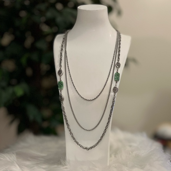 Jewelry | Triple Layered Green Silver Chain Necklace | Poshmark